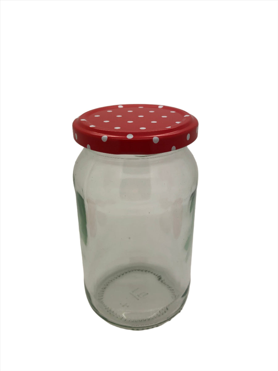 Round Jam Jar with Red Spotty Lid | Glass Jars & Bottles